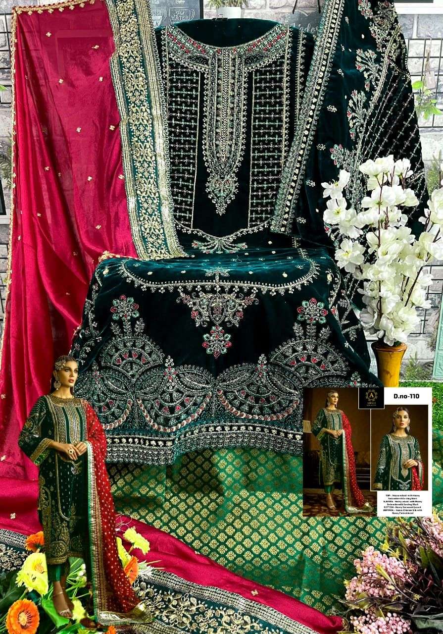 AMENA B-111 Velvet with Embroidery work Green Colour Pakistani salwar ...