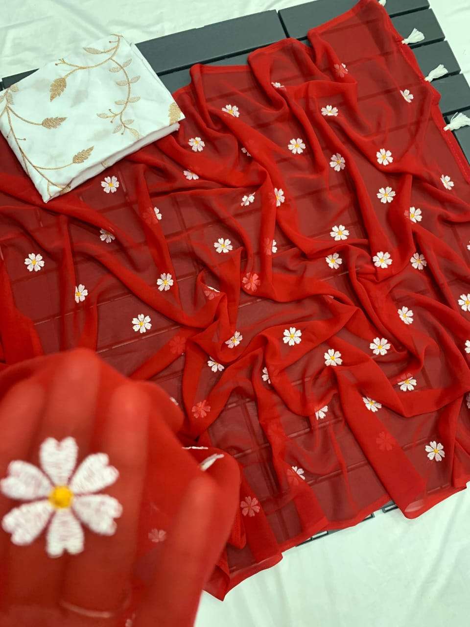Fancy fabric with Embroidery pach work fancy saree colleciton at best rate