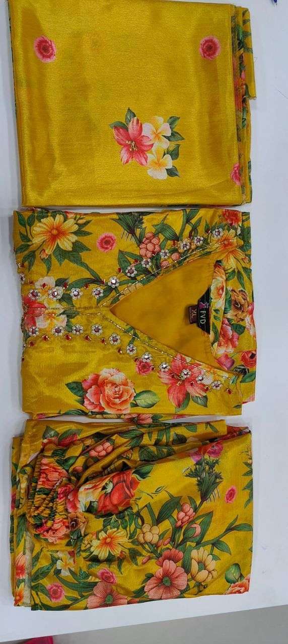 Haldi Function special Yellow colour Chinon Silk with Flower Printed ...