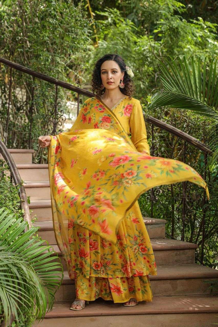 Haldi Function special Yellow colour Chinon Silk with Flower Printed ...