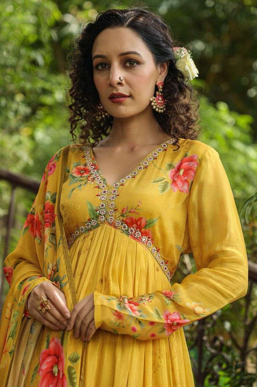 Haldi Function special Yellow colour Chinon Silk with Flower Printed ...