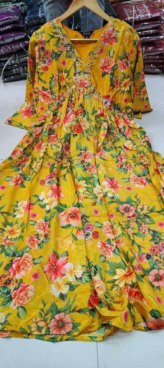 Haldi Function special Yellow colour Chinon Silk with Flower Printed ...