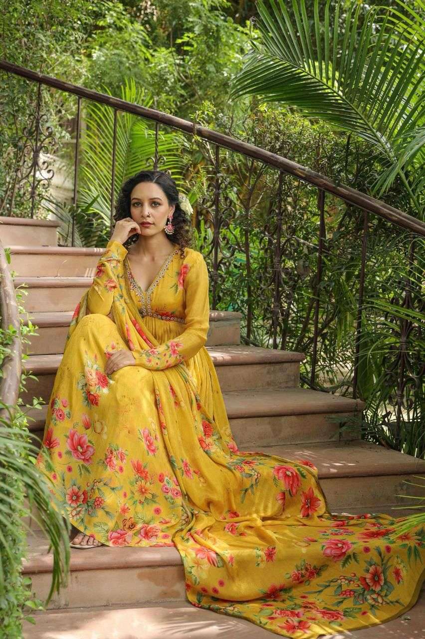 Haldi Function special Yellow colour Chinon Silk with Flower Printed ...