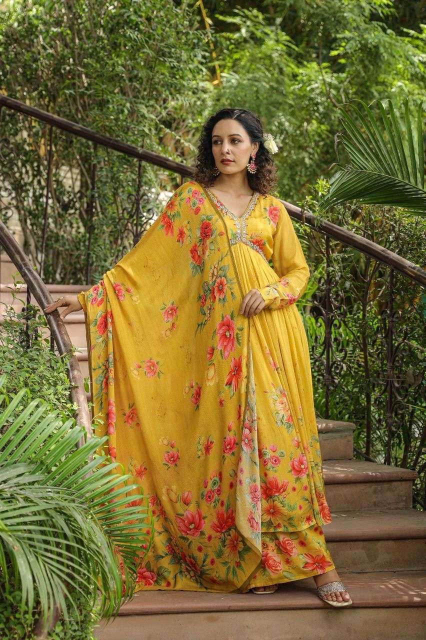 Haldi Function special Yellow colour Chinon Silk with Flower Printed ...