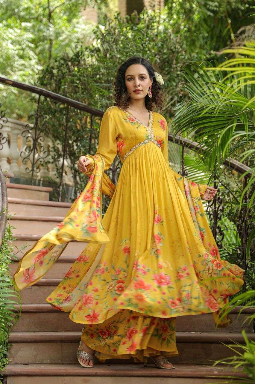 Haldi Function special Yellow colour Chinon Silk with Flower Printed ...