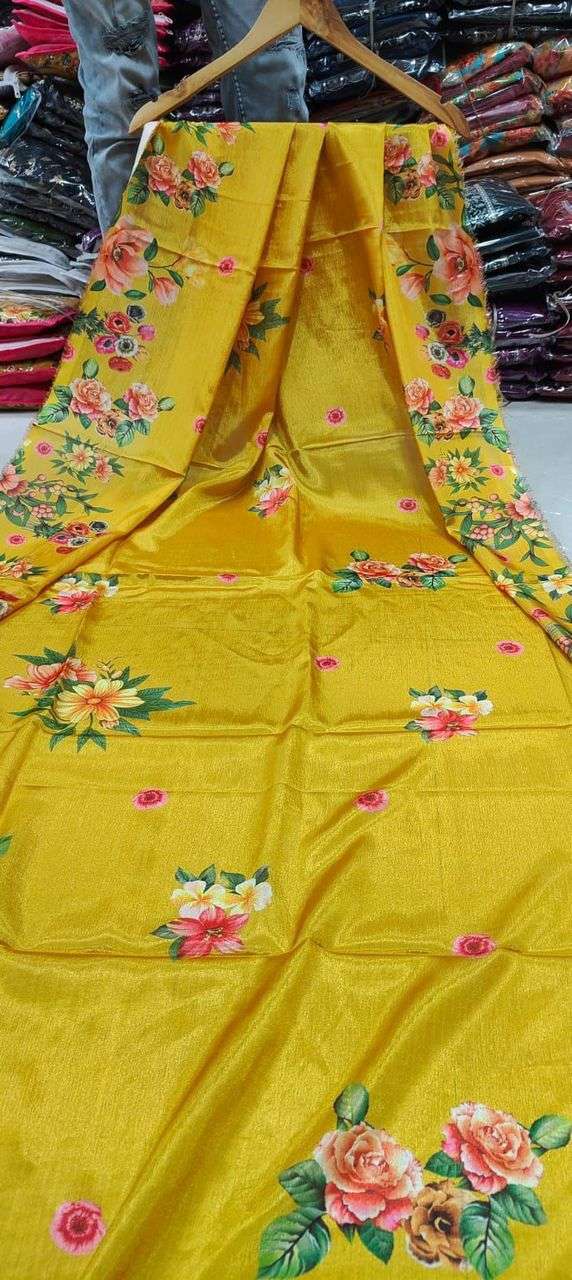 Haldi Function special Yellow colour Chinon Silk with Flower Printed ...