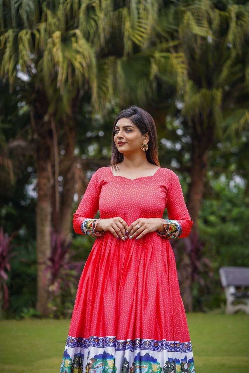 Red Colour Modal Silk with digital printed readymade Long Designer gown ...