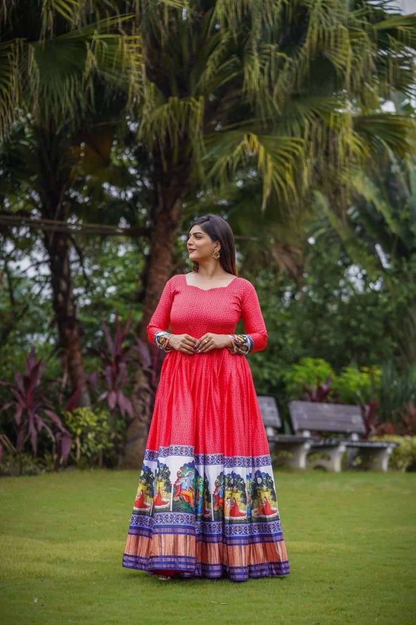 Red Colour Modal Silk with digital printed readymade Long Designer gown ...