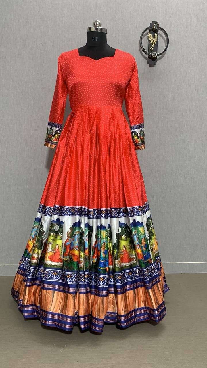 Red Colour Modal Silk with digital printed readymade Long Designer gown ...