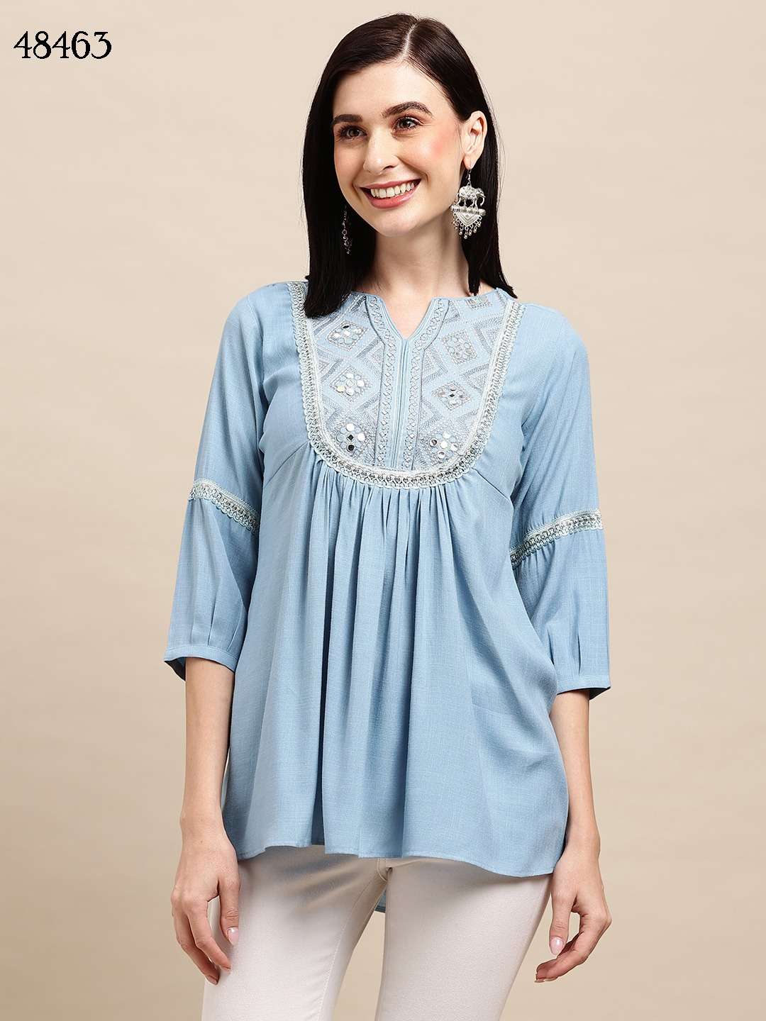 SAIBA Rayon with Neck Embroidery work Western Style Short tops ...