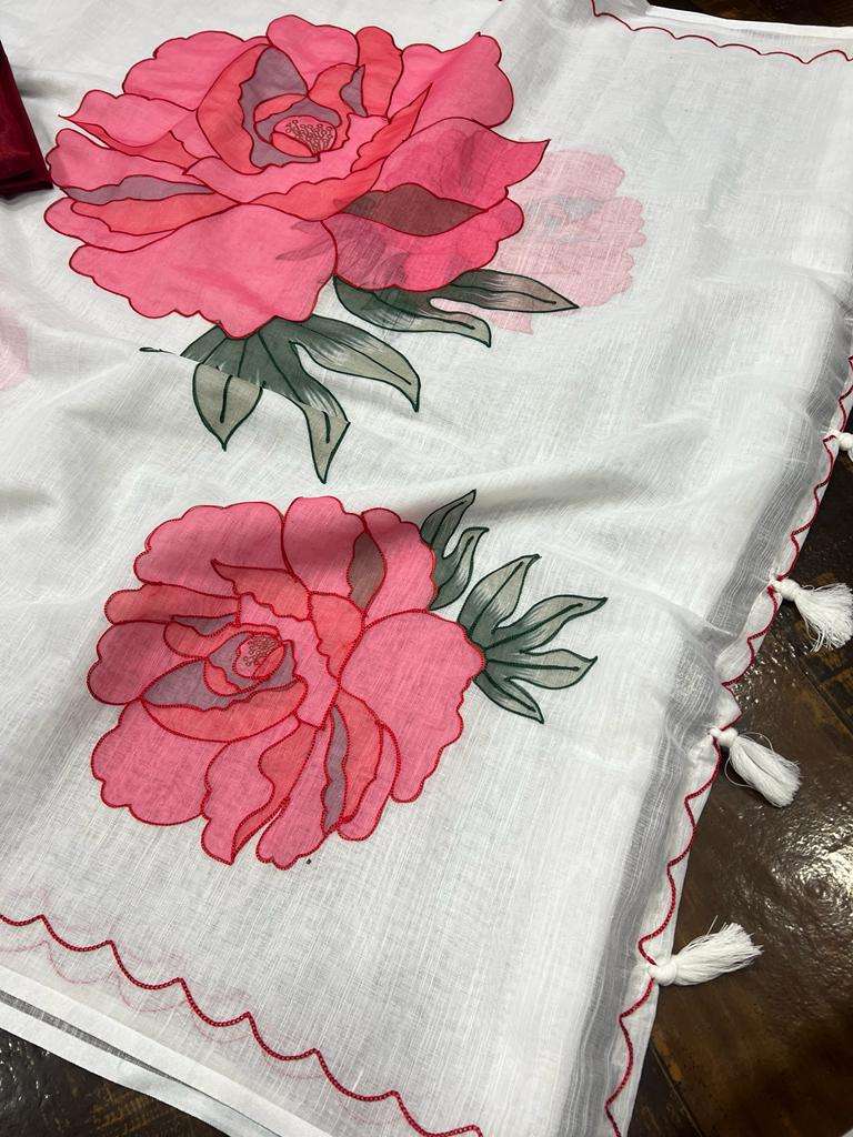low rate and king quality linen with flower handwork fancy saree ...