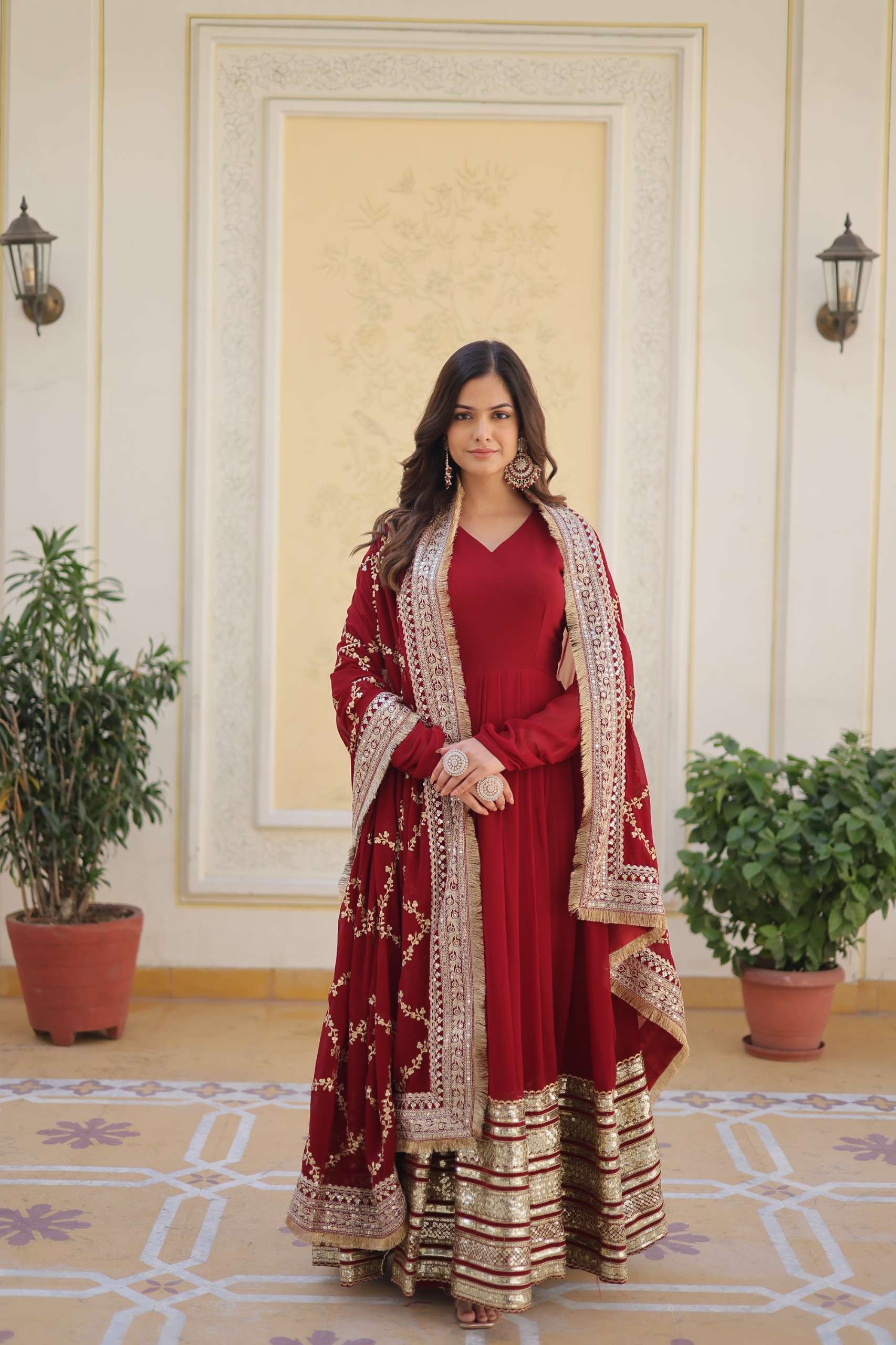 TRADITIONAL RED COLOUR Faux Blooming with Embroidery Zari Sequins-work ...
