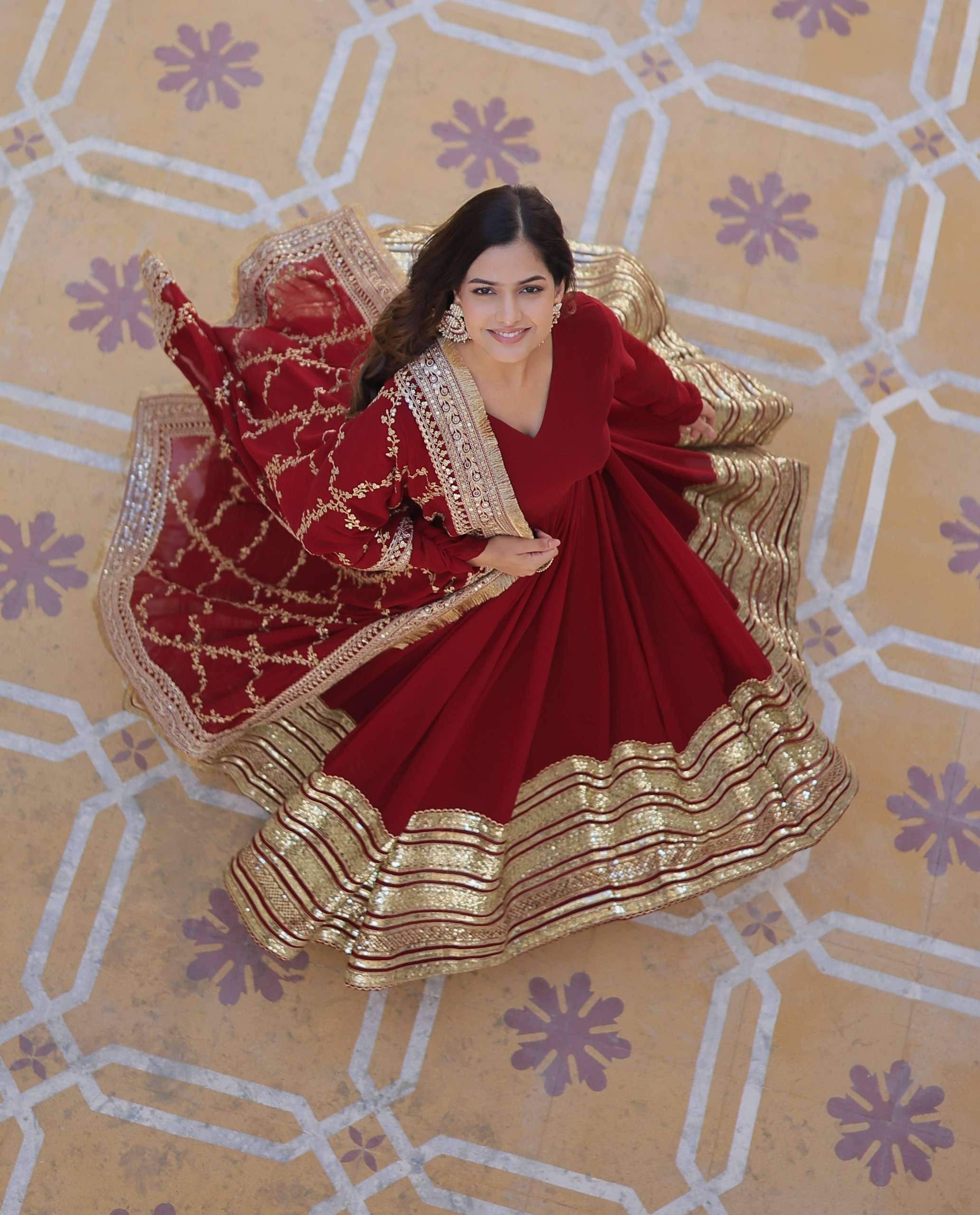 TRADITIONAL RED COLOUR Faux Blooming with Embroidery Zari Sequins-work ...