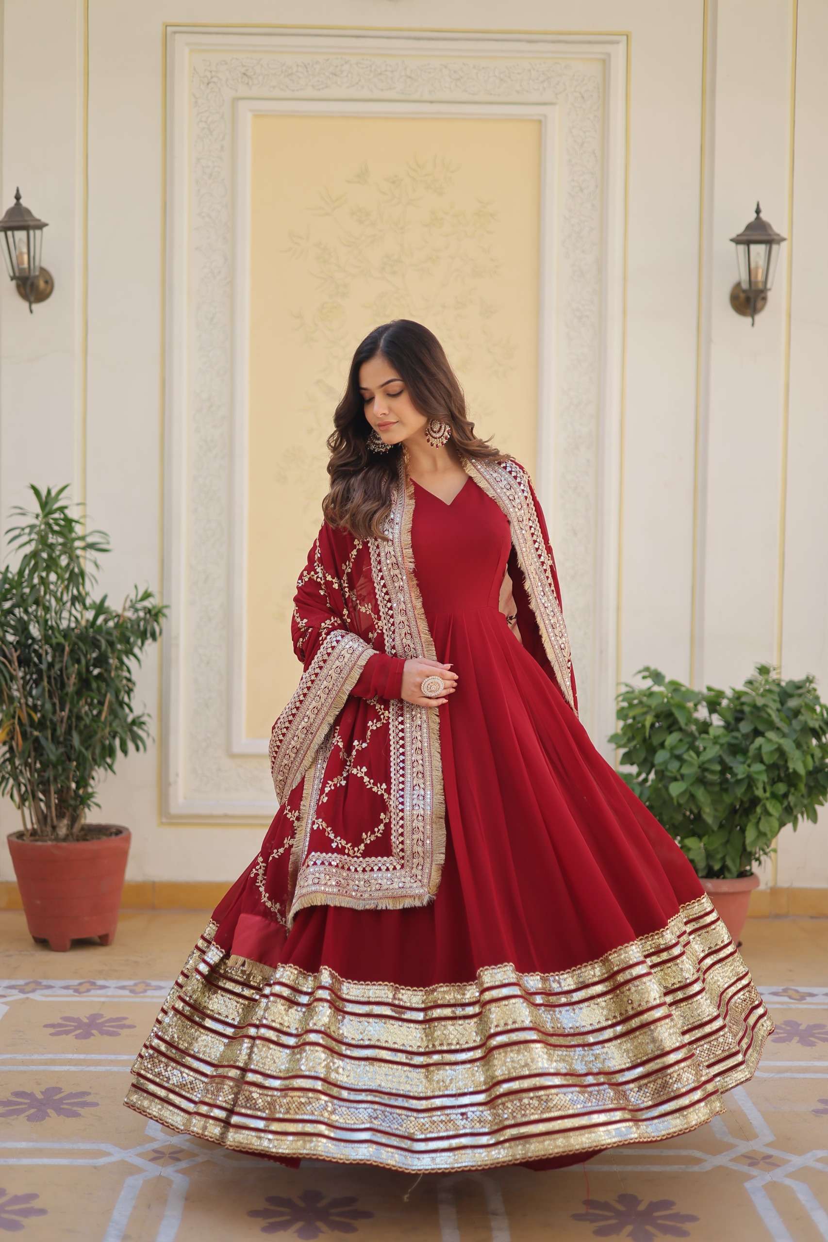 TRADITIONAL RED COLOUR Faux Blooming with Embroidery Zari Sequins-work ...