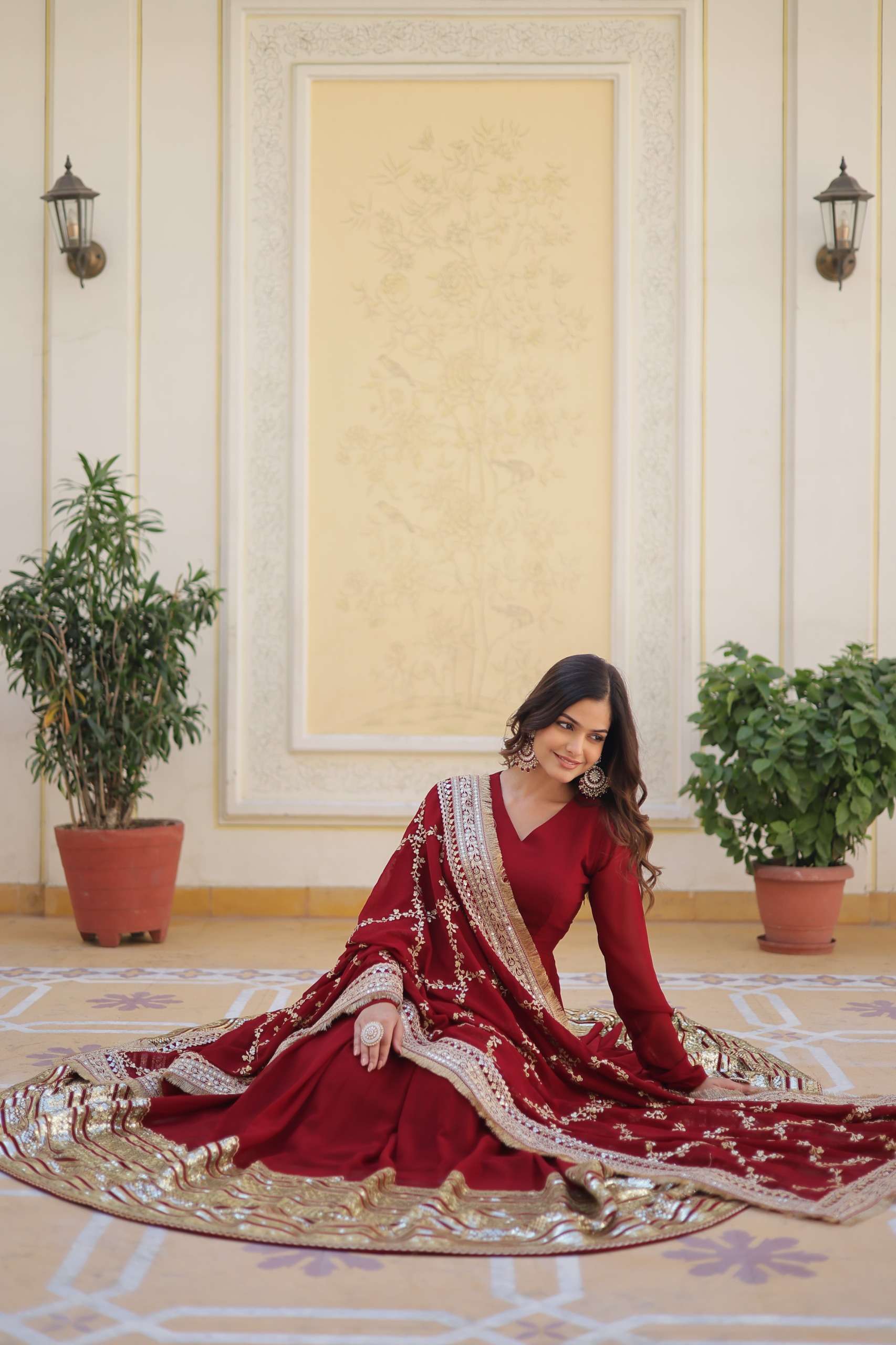 TRADITIONAL RED COLOUR Faux Blooming with Embroidery Zari Sequins-work ...