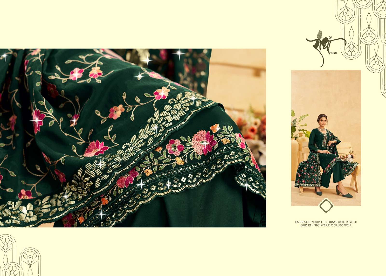 RADHA TRENDS KESARIYA ORGANZA WITH EMBROIDERY WORK DESIGNER SUITS ...