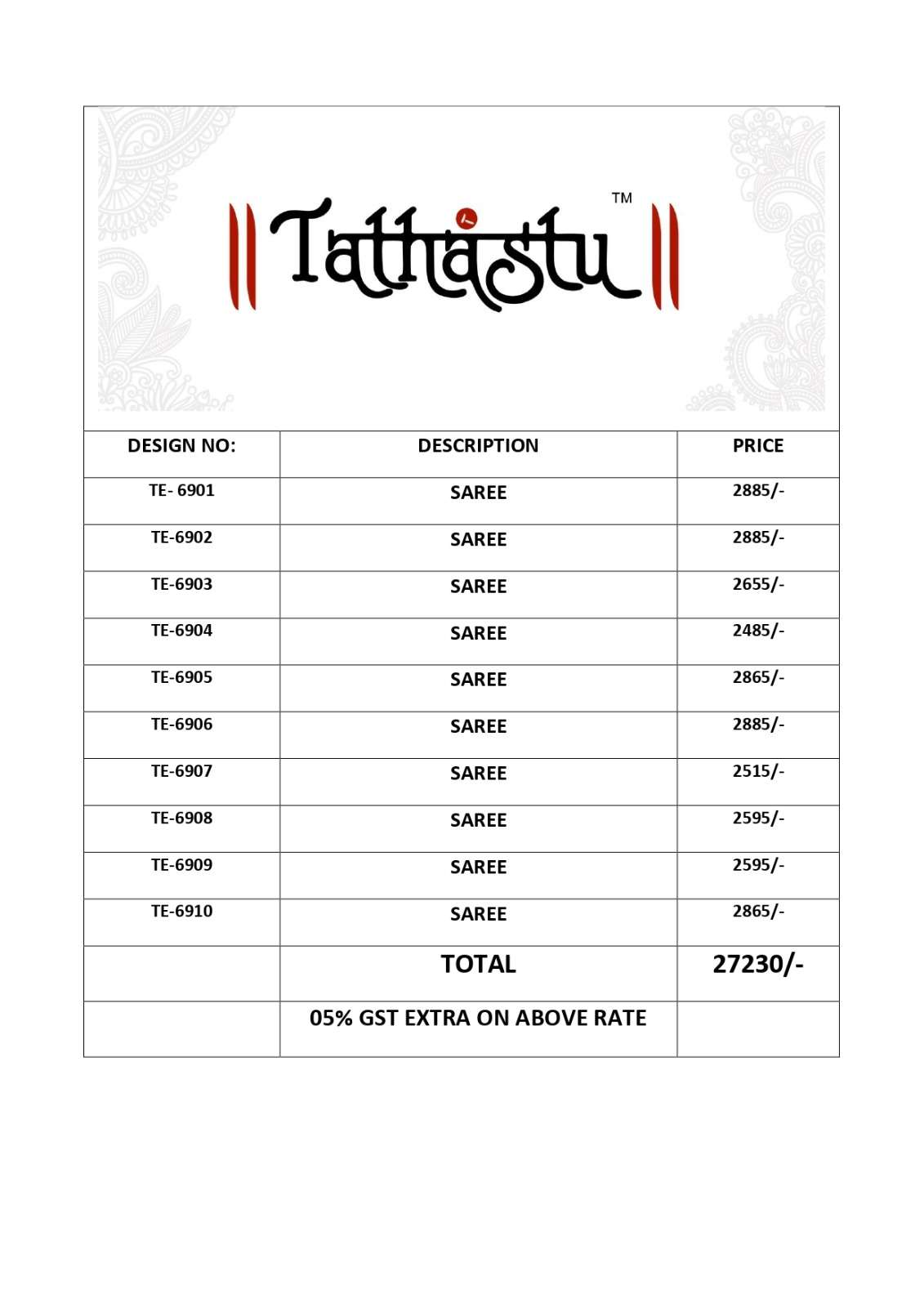 TATHASTU 6900 SERIES SILK WITH HEAVY HAND WORK SAREE SUPPLIER IN SURAT