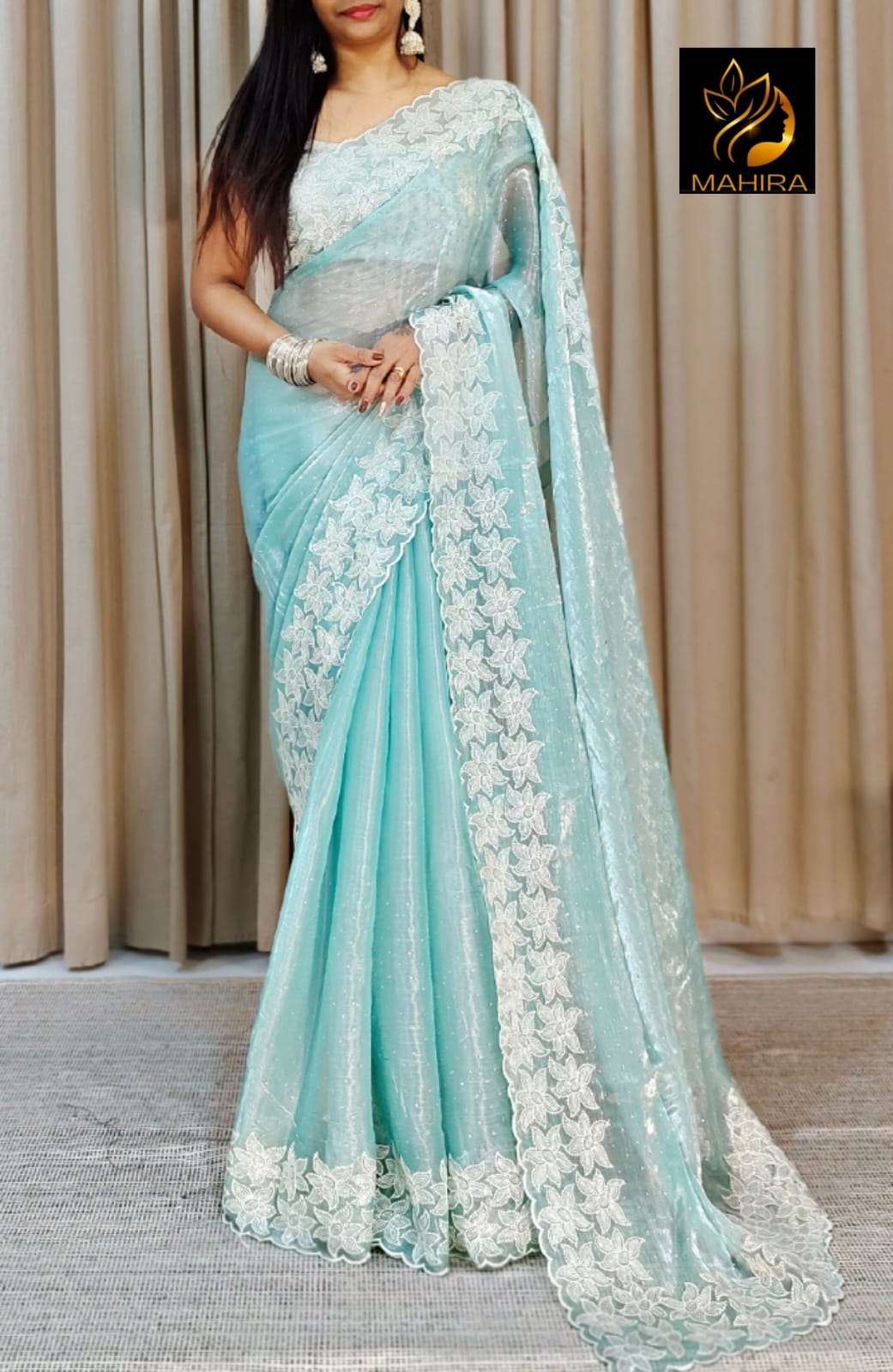 Tissue organza sarees with all over beads work along with heavy ...