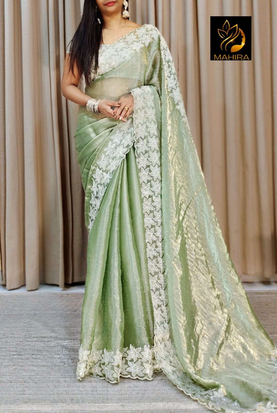 Tissue organza sarees with all over beads work along with heavy ...