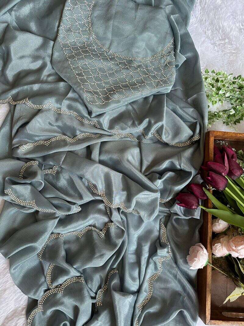 CHINON SILK WITH Zarkhan Dimond work Border with cut work SAREE