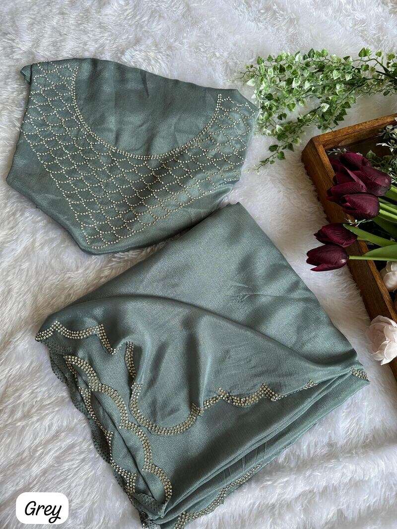 CHINON SILK WITH Zarkhan Dimond work Border with cut work SAREE