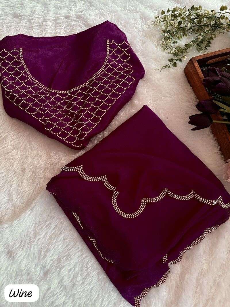 CHINON SILK WITH Zarkhan Dimond work Border with cut work SAREE