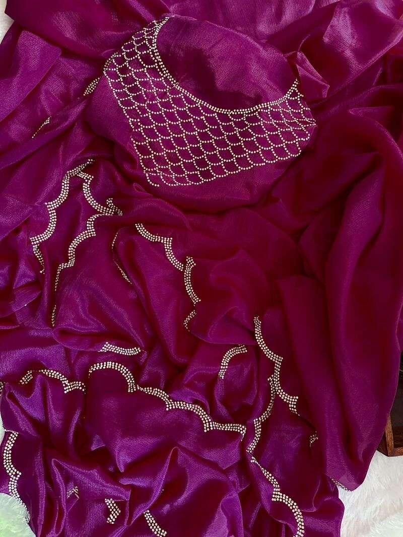 CHINON SILK WITH Zarkhan Dimond work Border with cut work SAREE