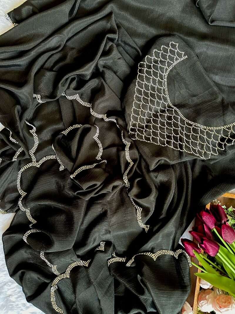 CHINON SILK WITH Zarkhan Dimond work Border with cut work SAREE