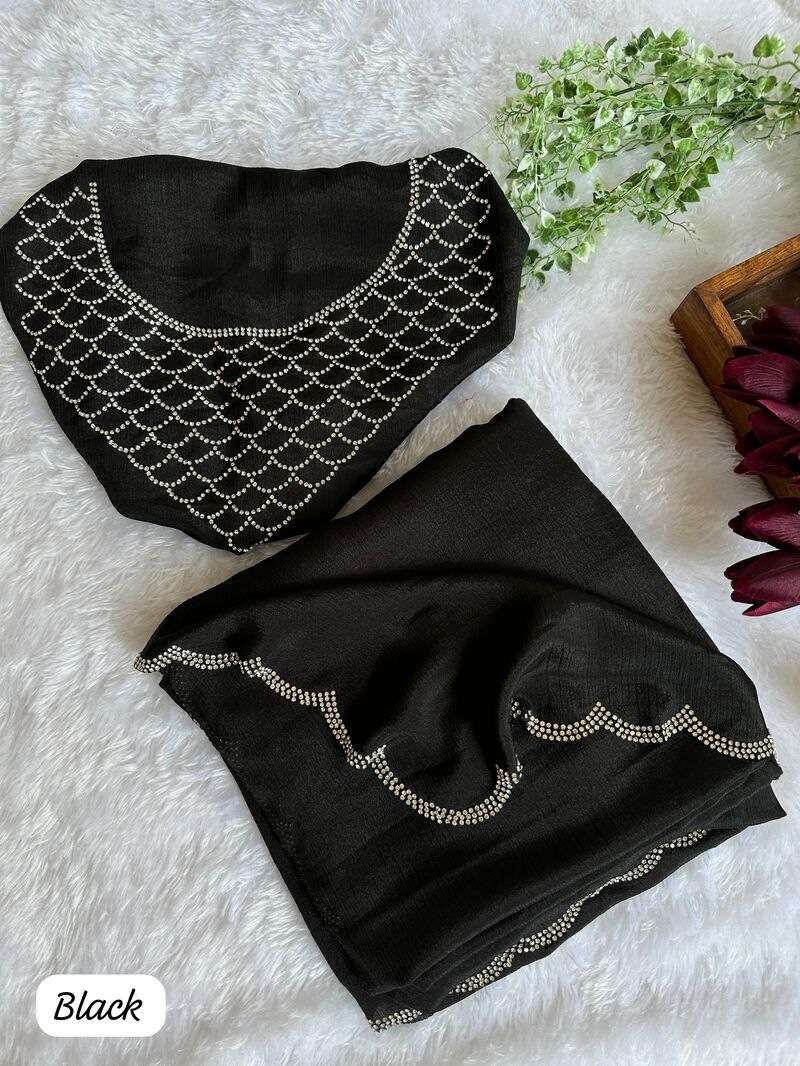 CHINON SILK WITH Zarkhan Dimond work Border with cut work SAREE