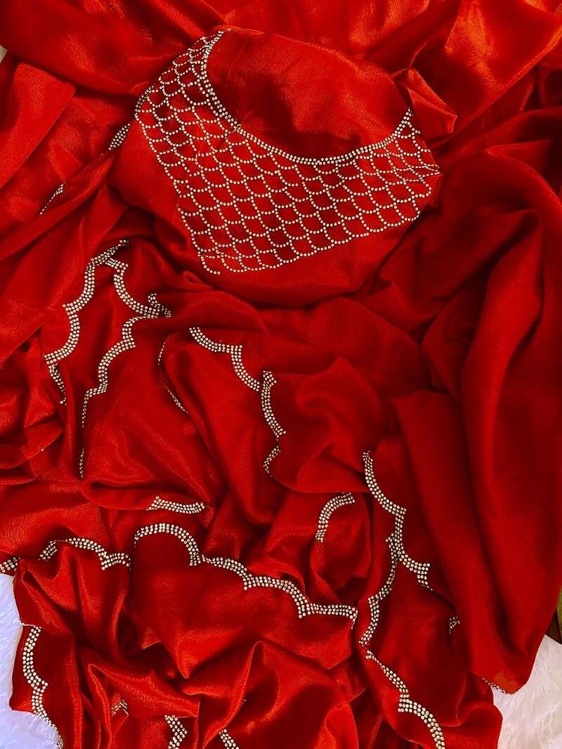 CHINON SILK WITH Zarkhan Dimond work Border with cut work SAREE