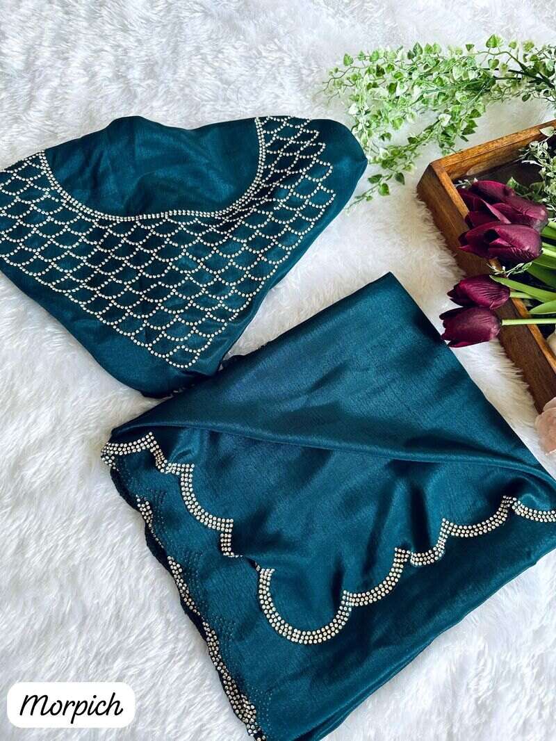 CHINON SILK WITH Zarkhan Dimond work Border with cut work SAREE