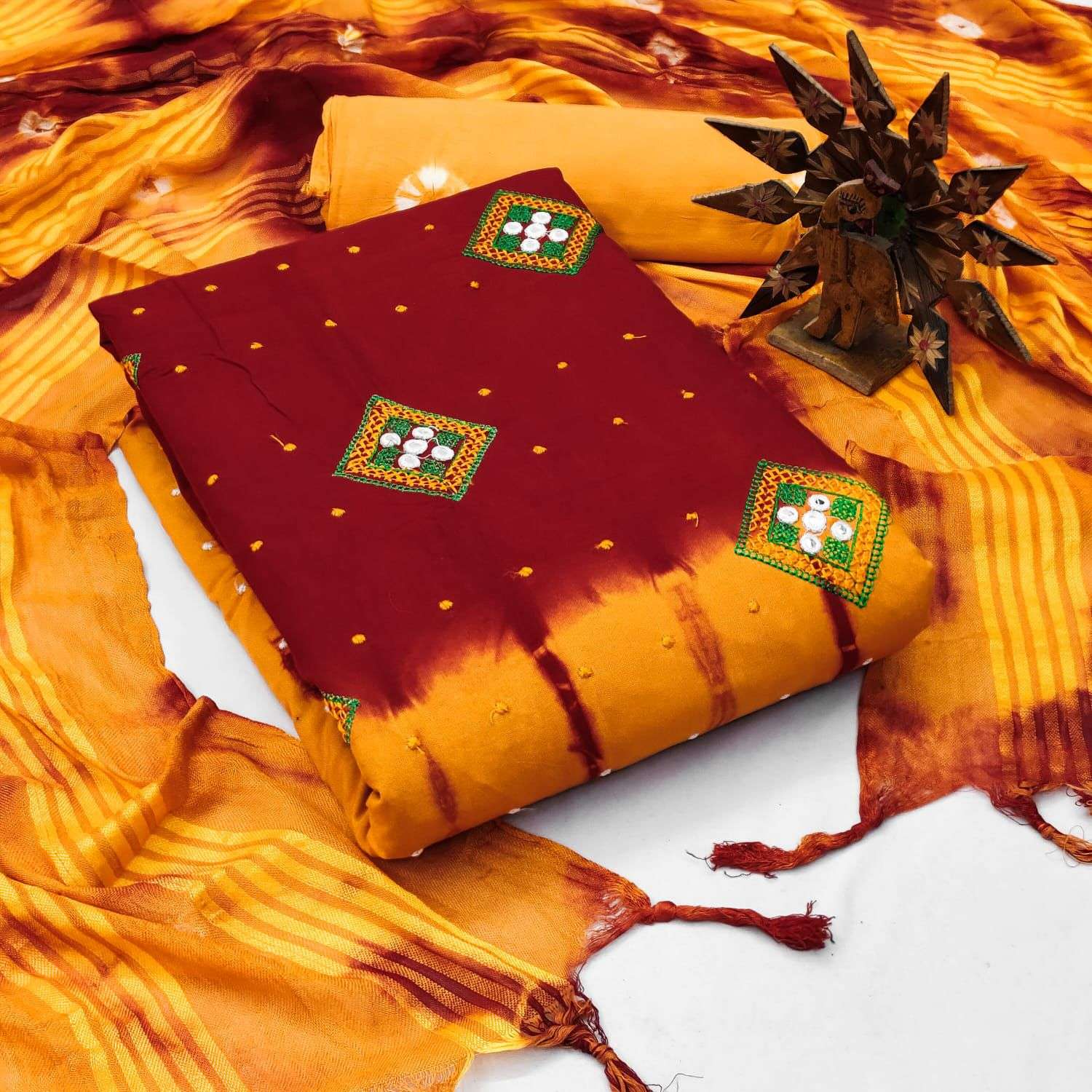 RAYON BANDHANI PRINT WITH EMBROIDER WORK DRESS MATERIAL