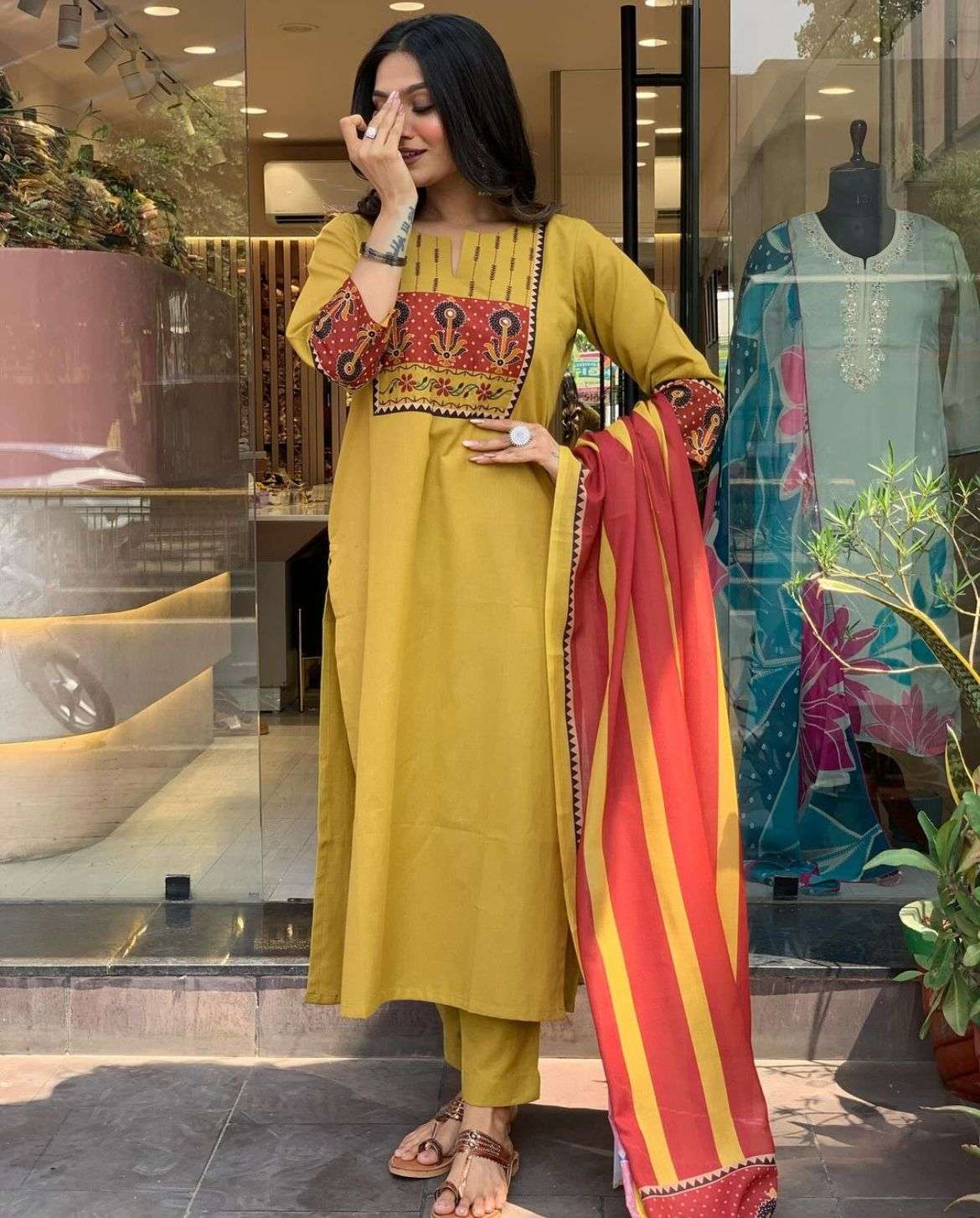 HALDI FUNCITON YELLOW COLOUR SILK WITH MIRROR WORK READYMADE SUITS
