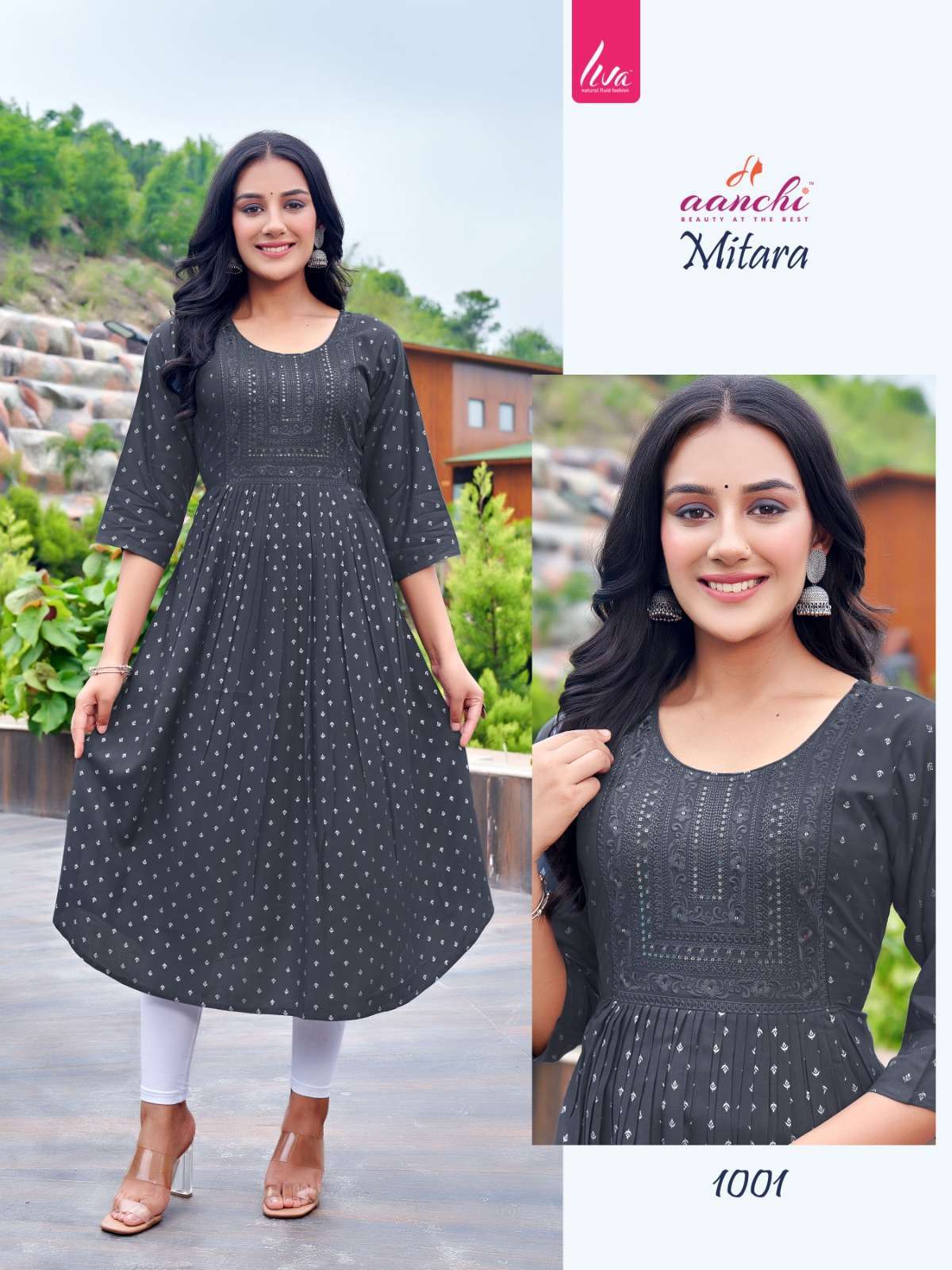 AANCHI MITARA SILVER PRINT WITH SELF EMBROIDERY FLAIR KURTI COLLECTION