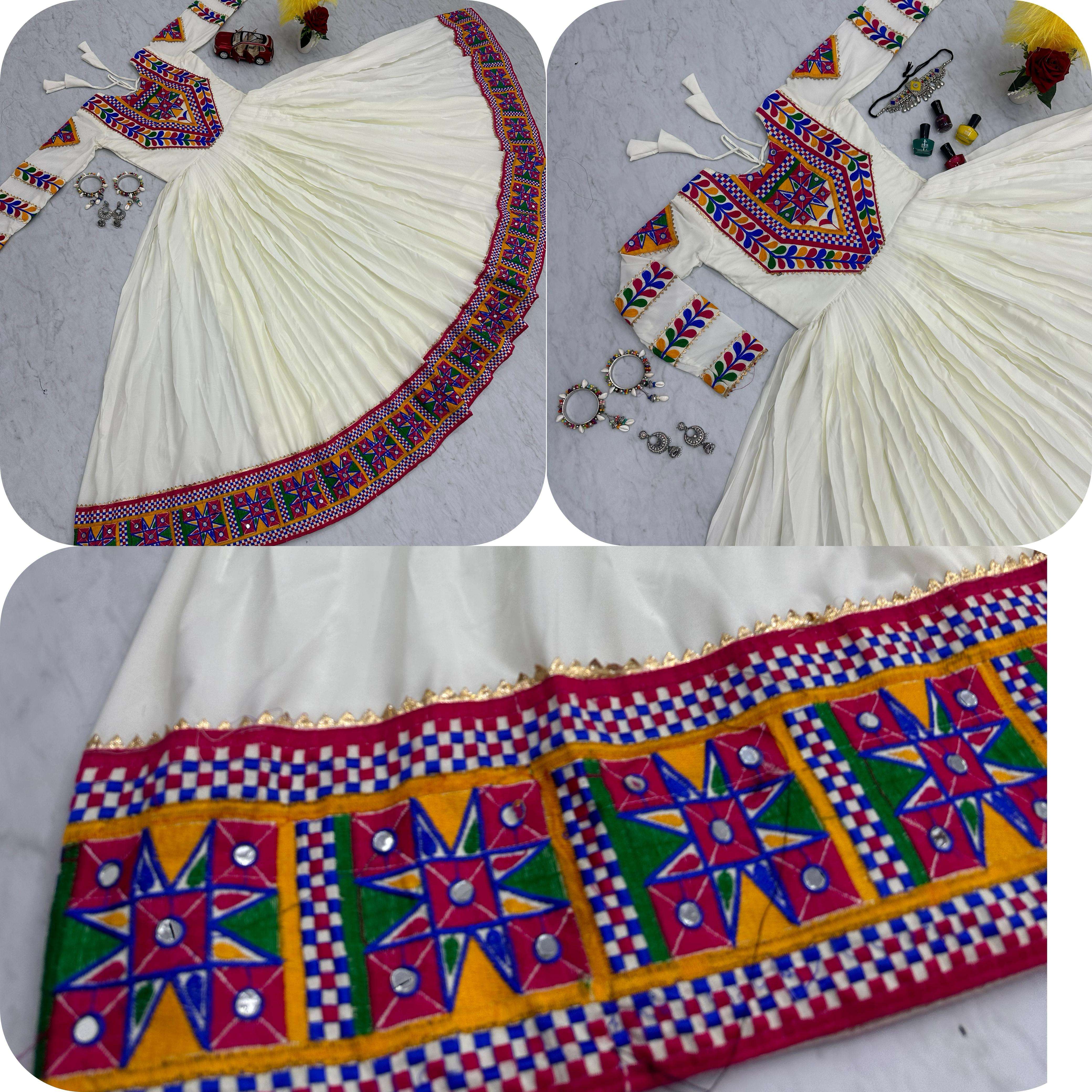 NAVRATRI SPECIAL KACHI WORK WHITE SHADES DESIGNER LONG GOWN WHOLESALER RATE