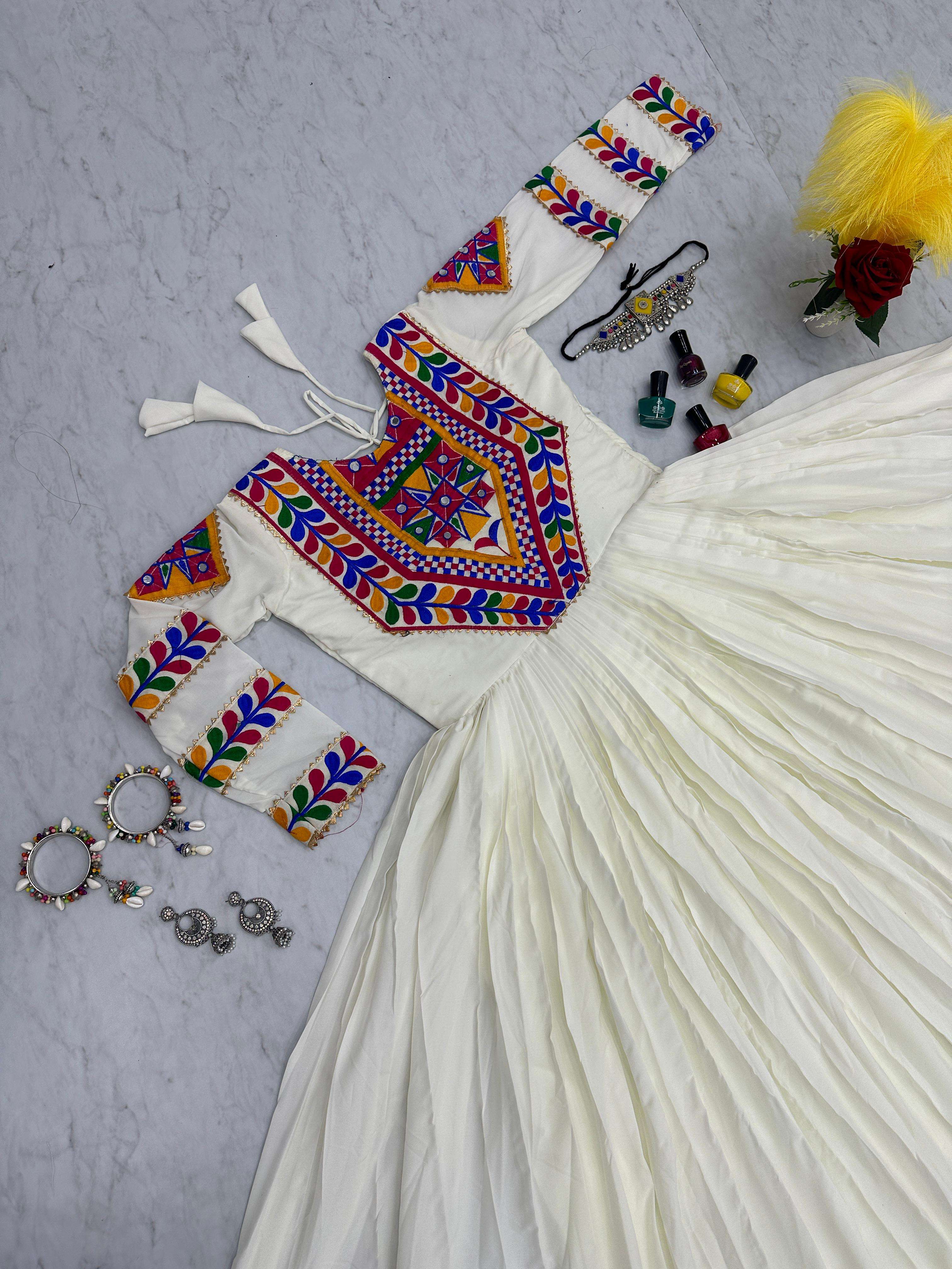 NAVRATRI SPECIAL KACHI WORK WHITE SHADES DESIGNER LONG GOWN WHOLESALER RATE