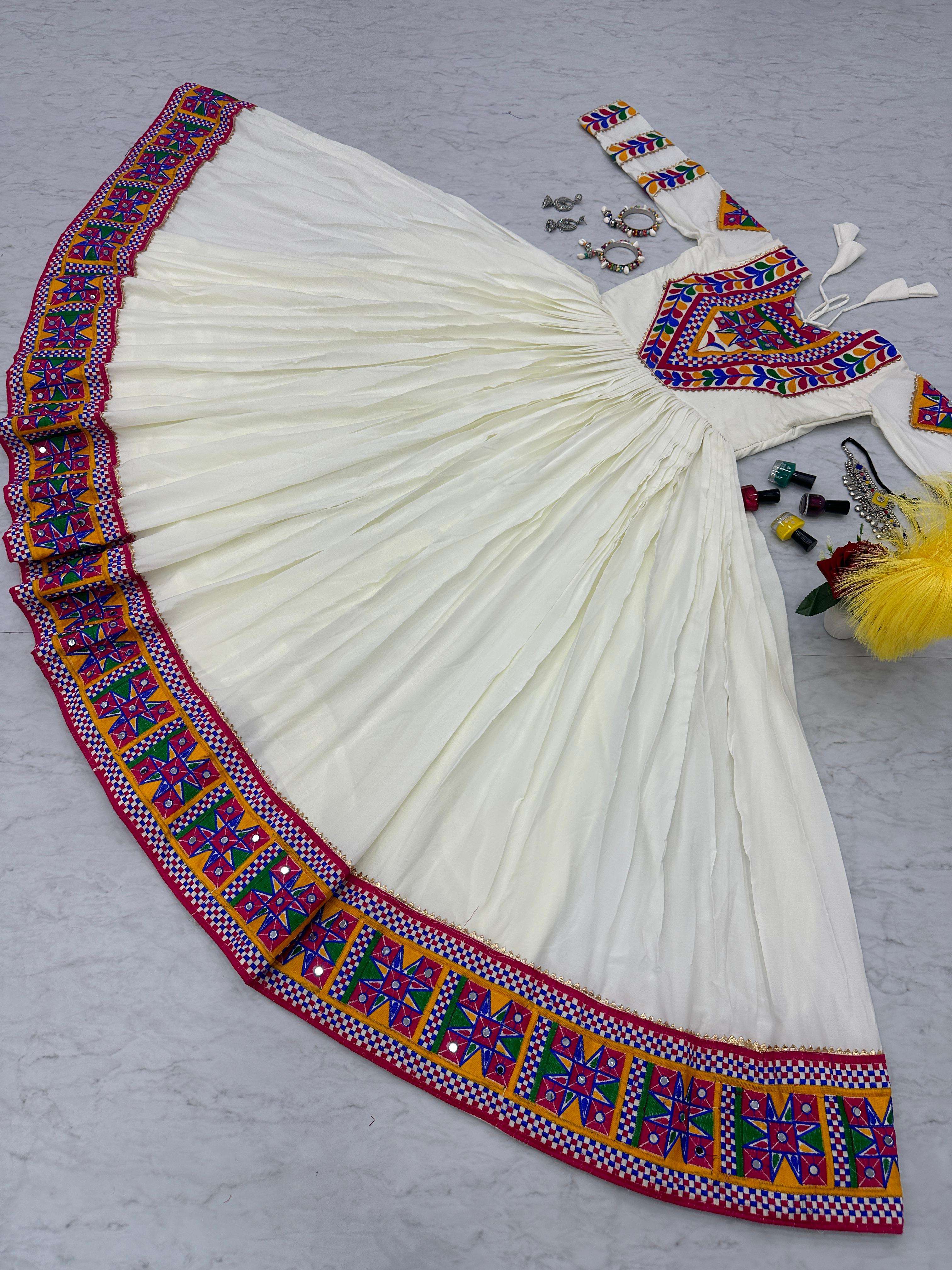 NAVRATRI SPECIAL KACHI WORK WHITE SHADES DESIGNER LONG GOWN WHOLESALER RATE