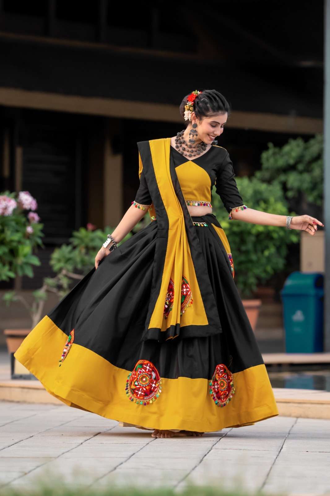 TRADITIONAL KACHI WORK PATCH BLACK COLOUR NAVRATRI SPECIAL LEHENGA CHOLI