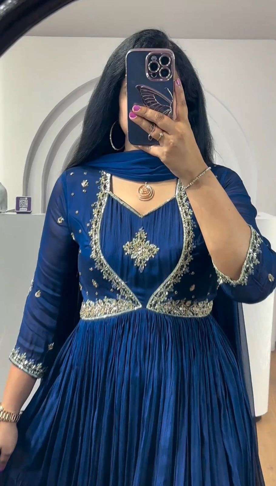 CHINON SILK WITH HANDWORK NECK ANARKALI STYLE SUITS SUPPLIER IN SURAT