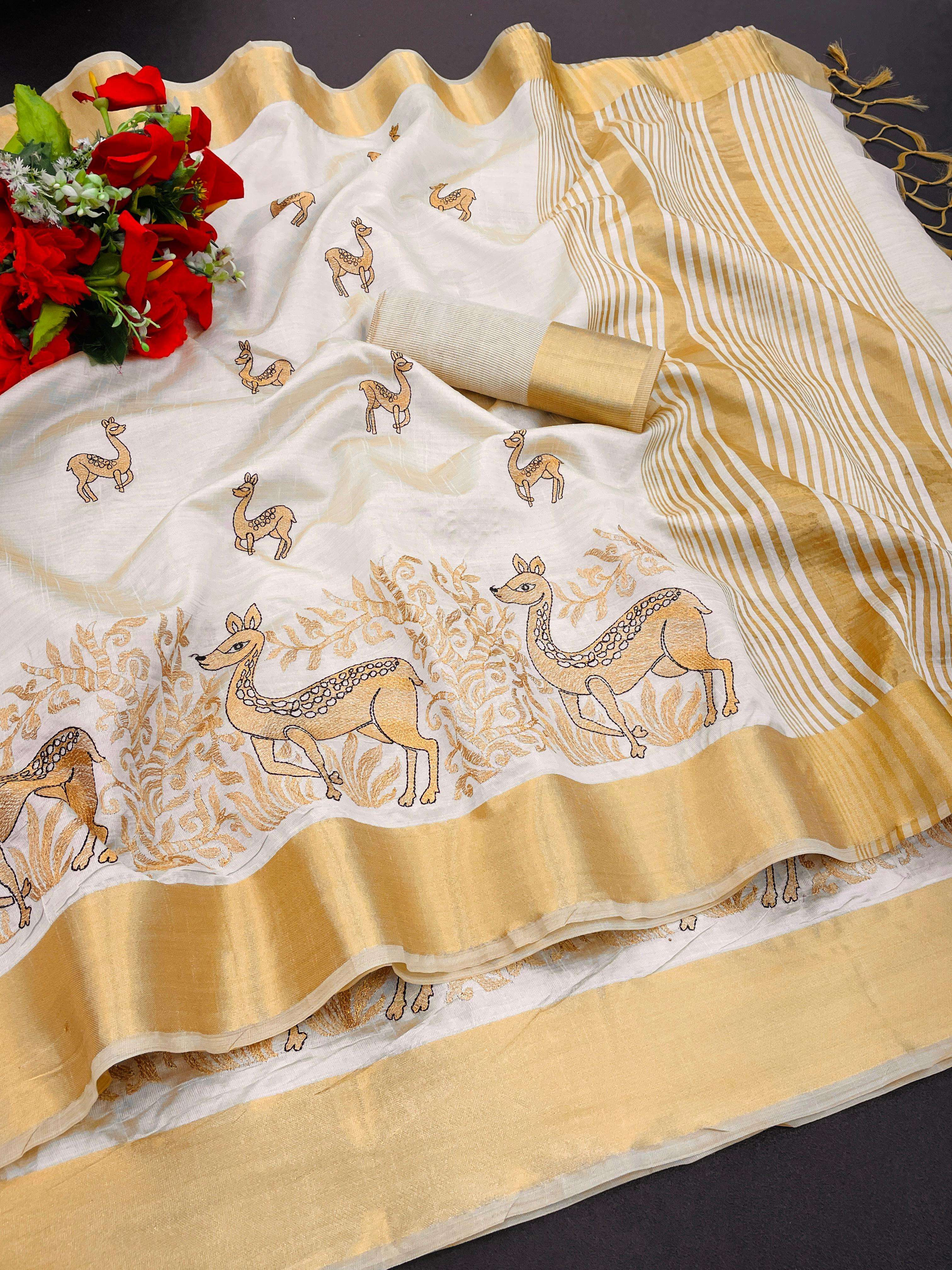 ONAM FESTIVAL TUSSER SILK WHITE SAHDES FESTIVAL SPECIAL SOUTH INDIA ...