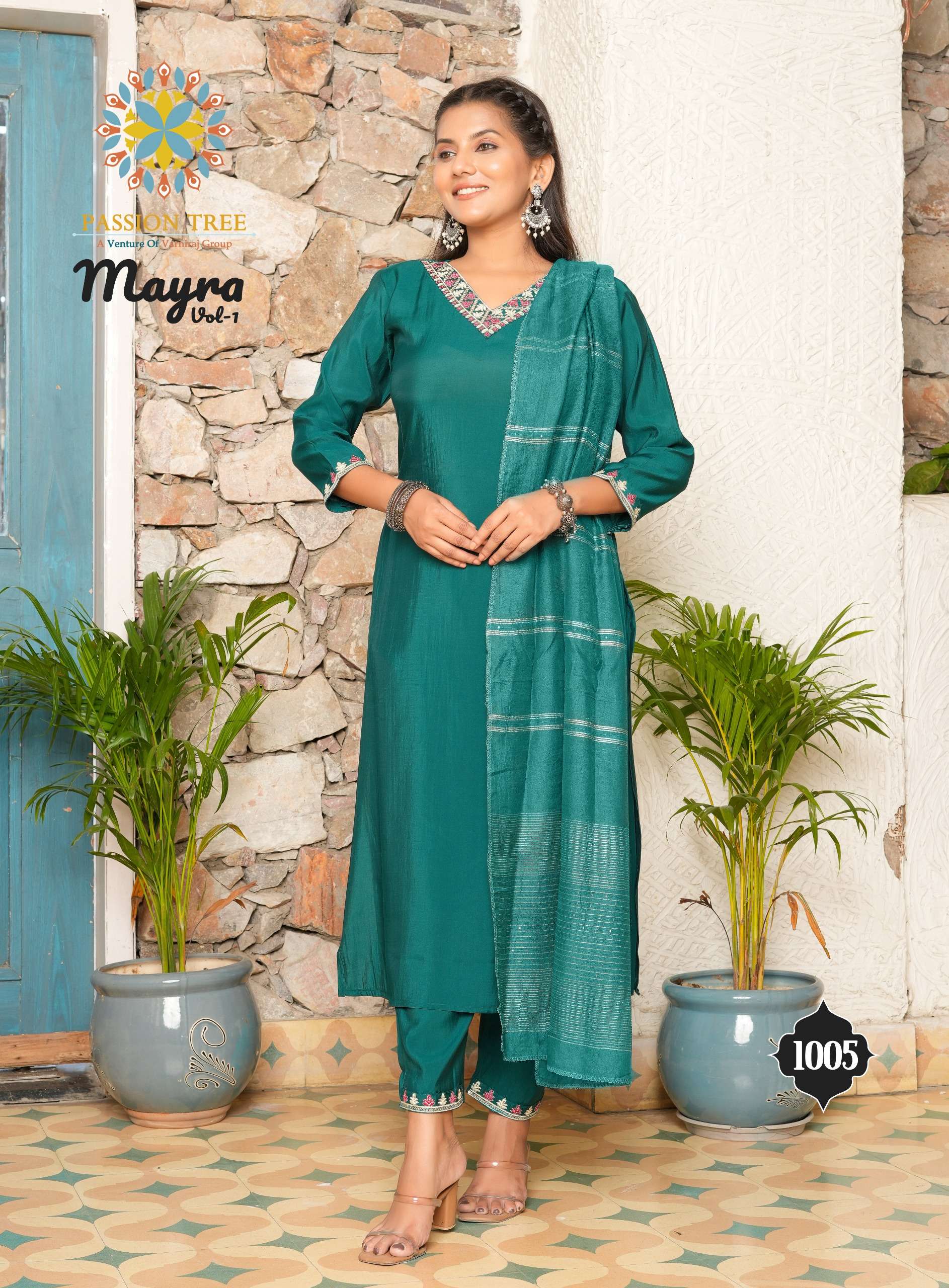 PASSION TREE MAYRA VOL 1 ROMAN SILK FANCY WORK SUIT DEALEAR IN SURAT