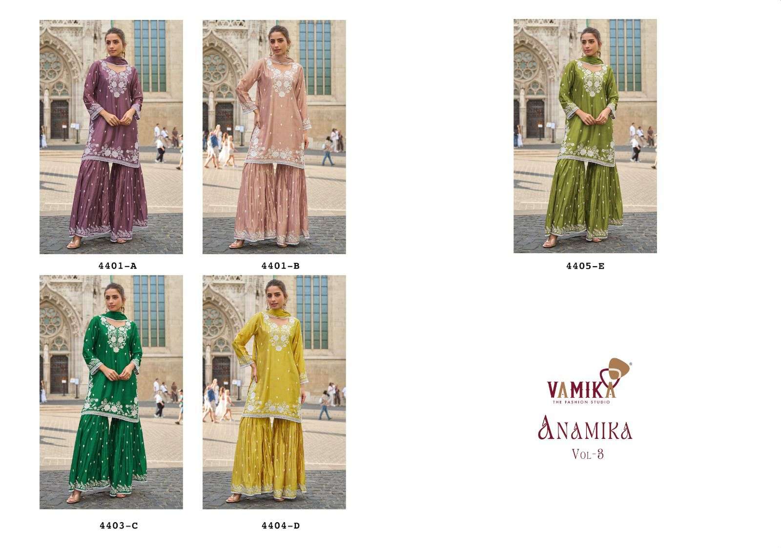 VAMIKATM ANAMIKA VOL 3 4401 A TO E CHINON FABRIC HEAVY WORK KURTI ...